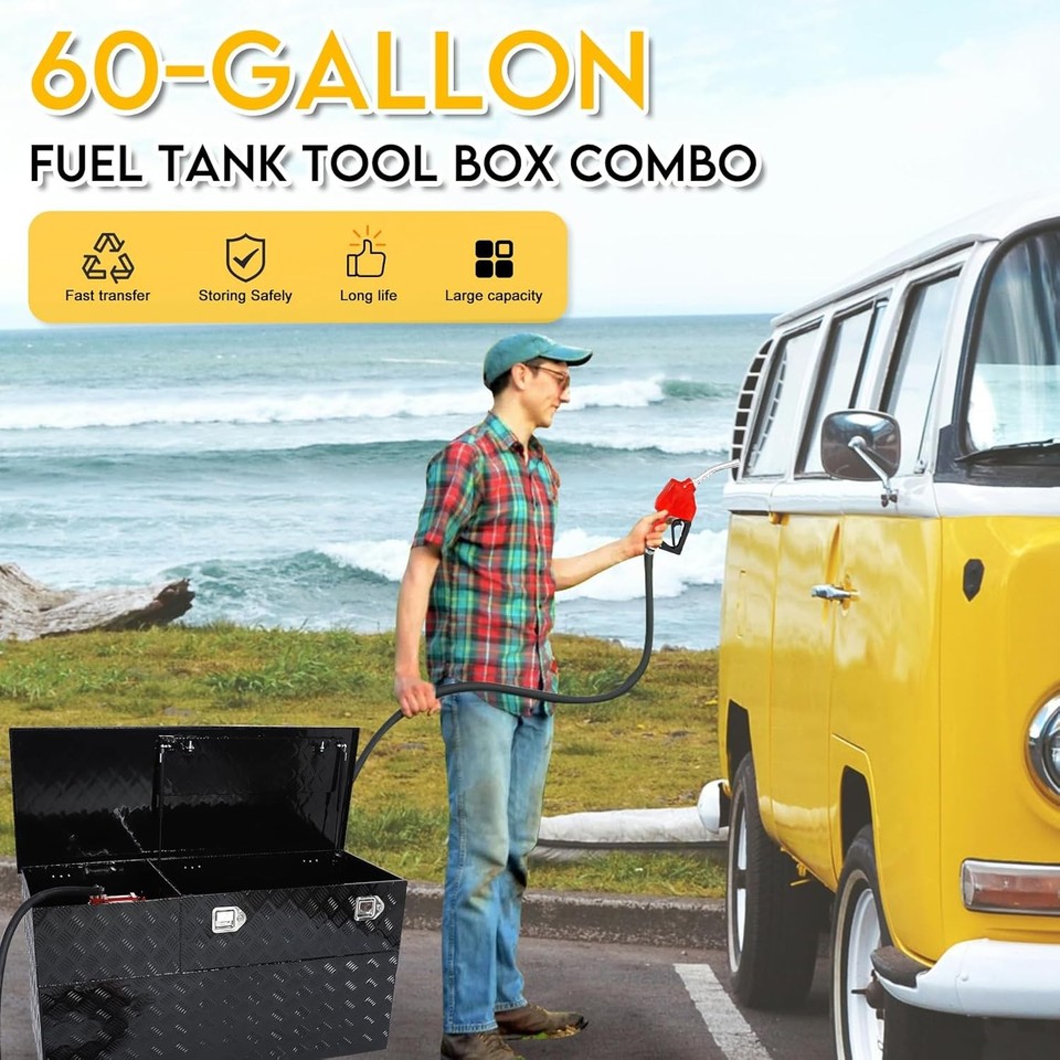 60-Gal Transfer Fuel Tank Tool box Gasoline Diesel 10GPM w/ Drive Side ...