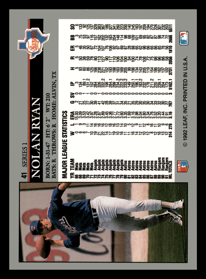1992 Leaf Nolan Ryan HOF #41 Centered Mint | eBay