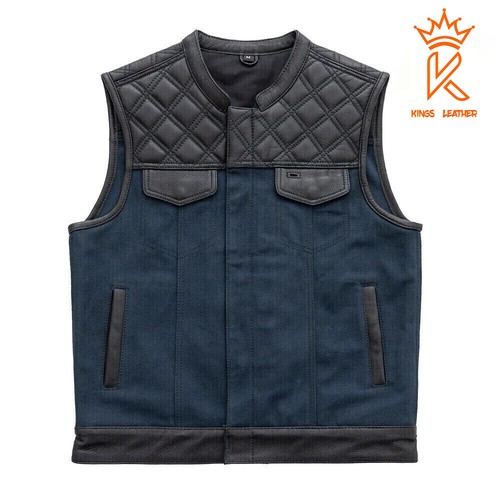 Men's Black Premium Leather Blue Denim Motorcycle Vest Gun Pocket Bike ...