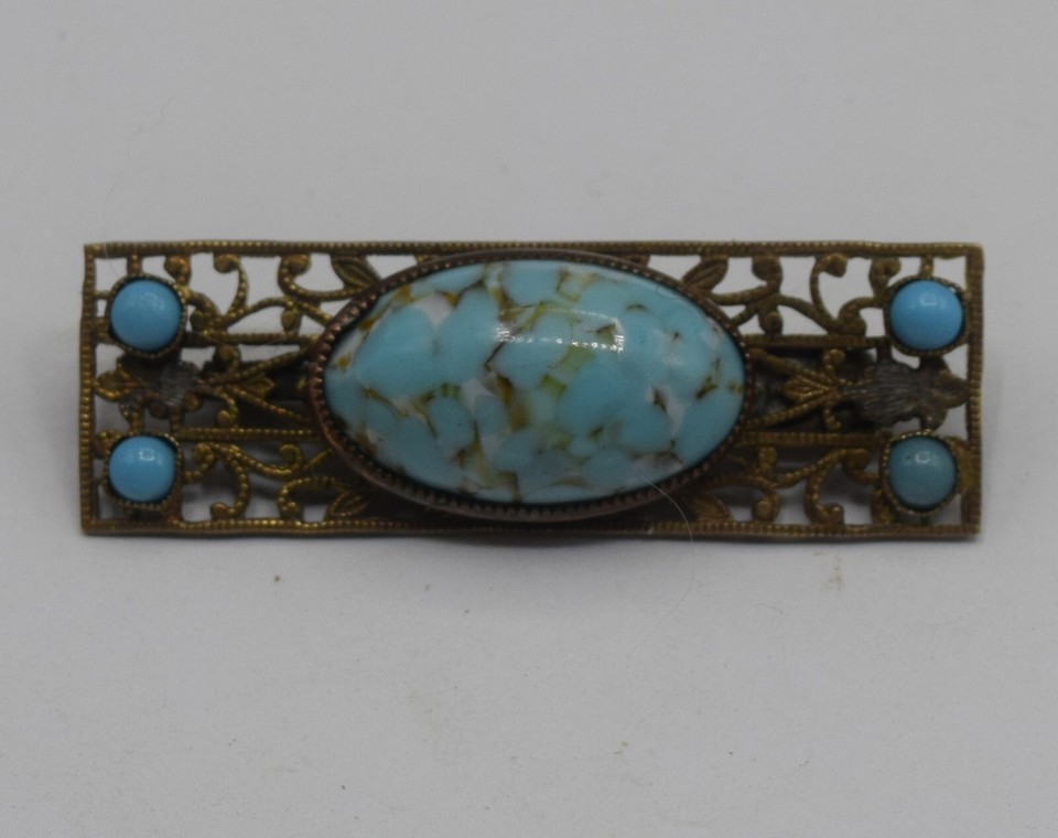 ANTIQUE CZECHOSLOVAKIA NEIGER TURQUOISE GLASS FILIGREE BROOCH 2" | eBay