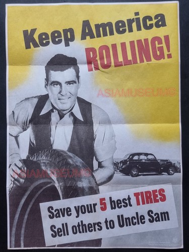 1942 WW2 USA AMERICA KEEP ROLLING TIRES UNCLE SAM CAR WORKER PROPAGANDA ...