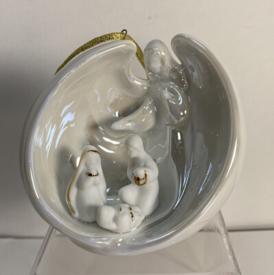 Porcelain Christmas Ornament Manger Nativity With Angel By Apple Tree ...