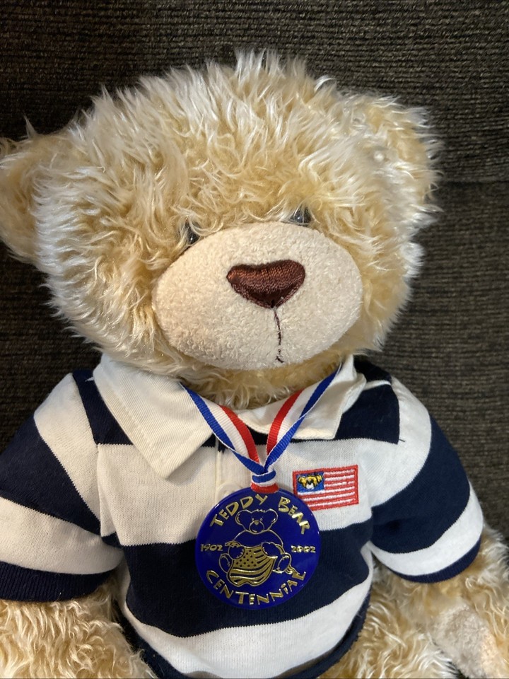 Build A Bear Cream Colored Bear With Blue And White Shirt and ...