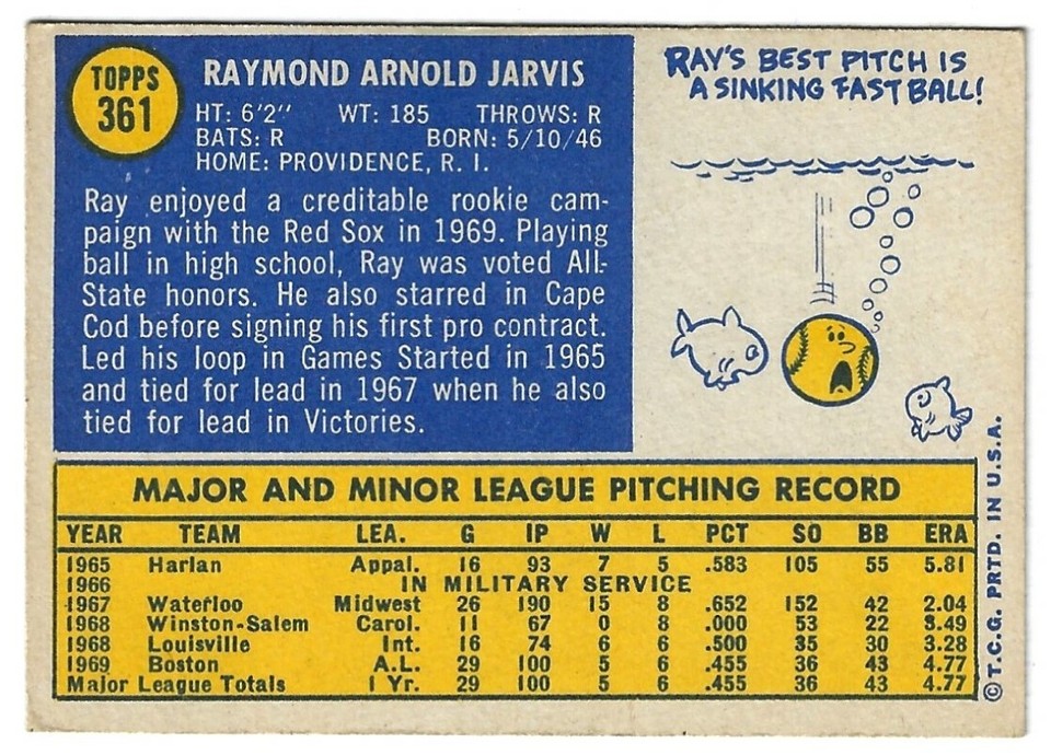 VINTAGE 1970 TOPPS BASEBALL CARD #361 RAY JARVIS BOSTON RED SOX EX-NM ...