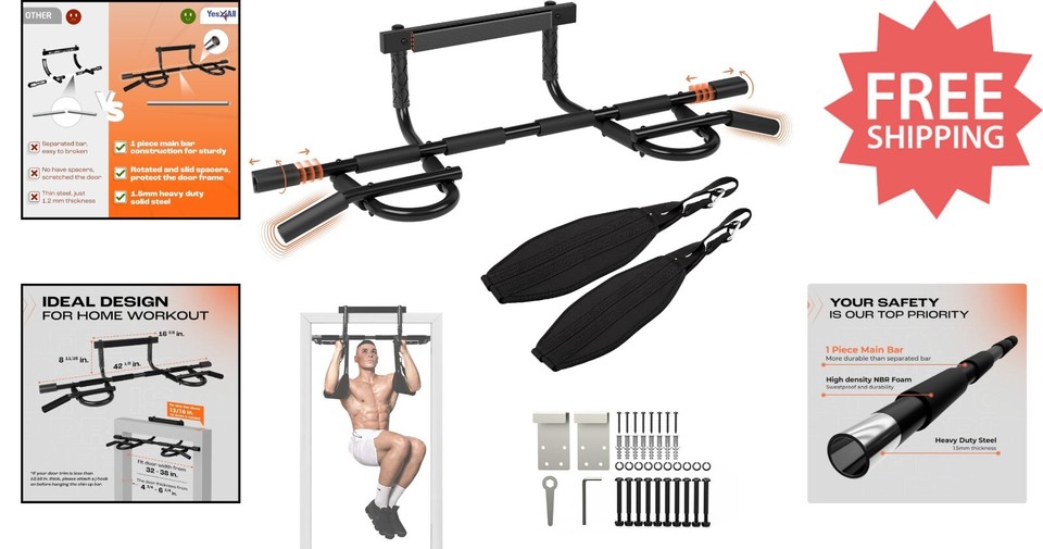 Multi-Functional Doorway Pull-Up Bar with Ab Straps - Perfect for Home ...