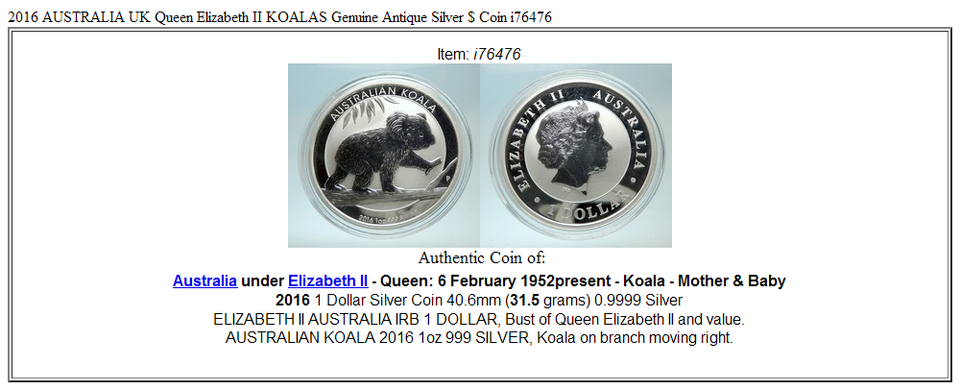 2016 AUSTRALIA UK Queen Elizabeth II KOALAS Genuine Antique Silver ...