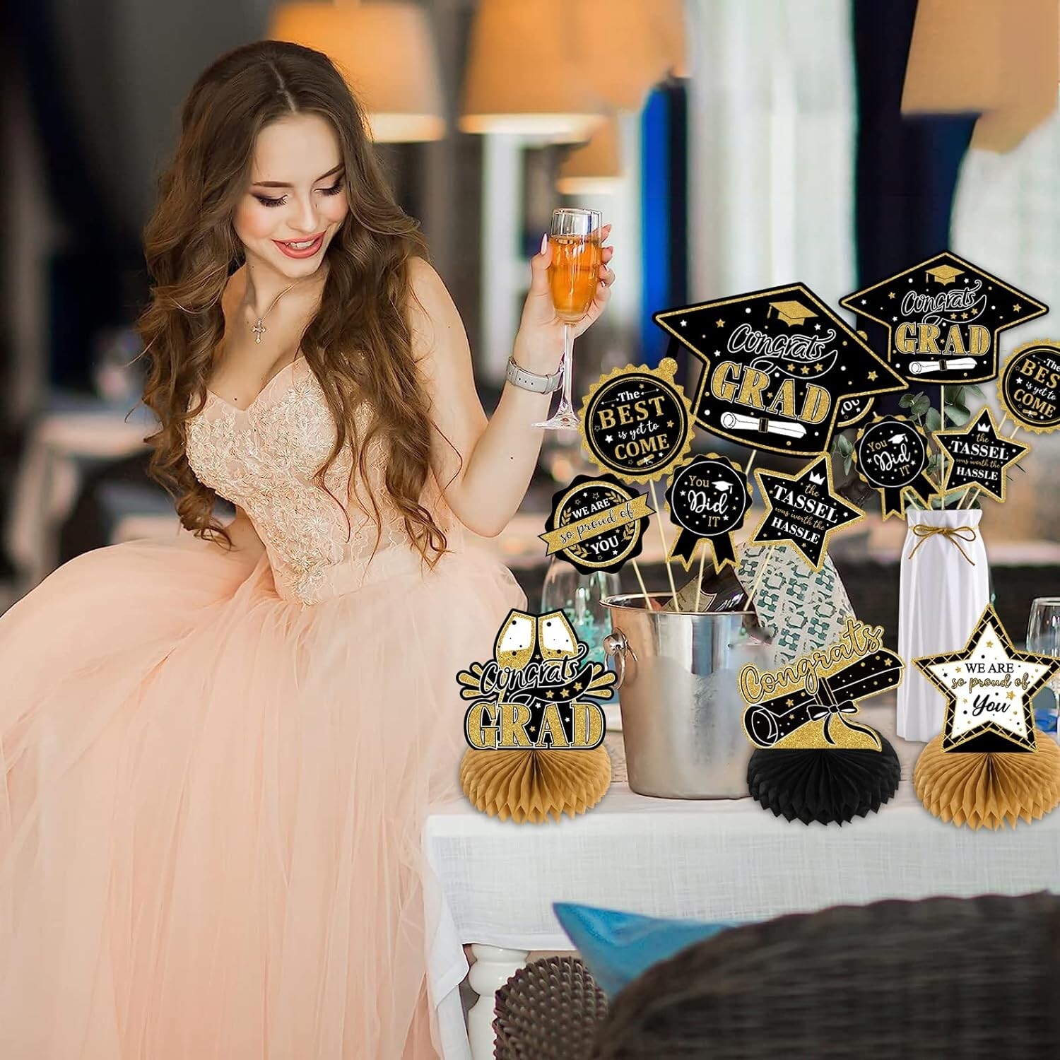 NEW ~ 28 Pc Graduation Table Top Decorations ~ Black & Gold | eBay