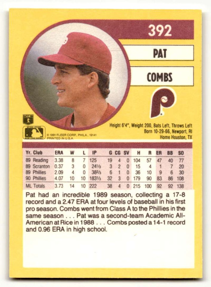 1991 Fleer #392 Pat Combs Philadelphia Phillies Baseball Cards EX/NM ID ...