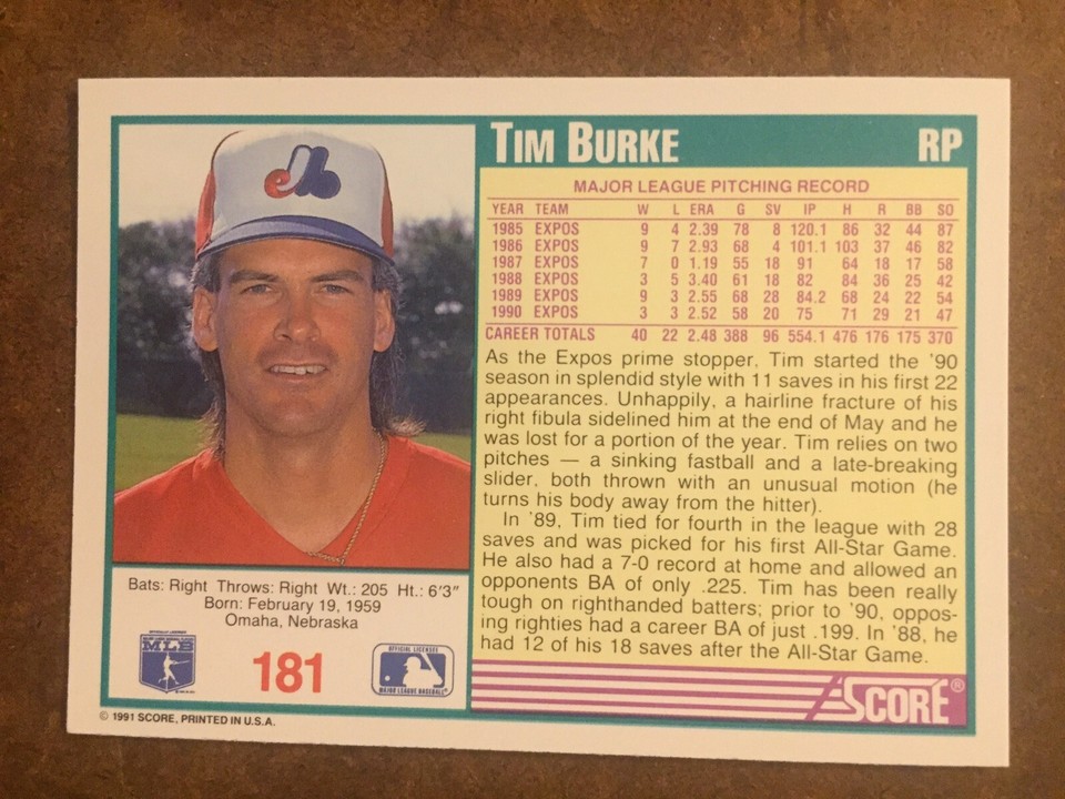 Tim Burke 181 Score 1991 MLB Baseball Trading Card | eBay