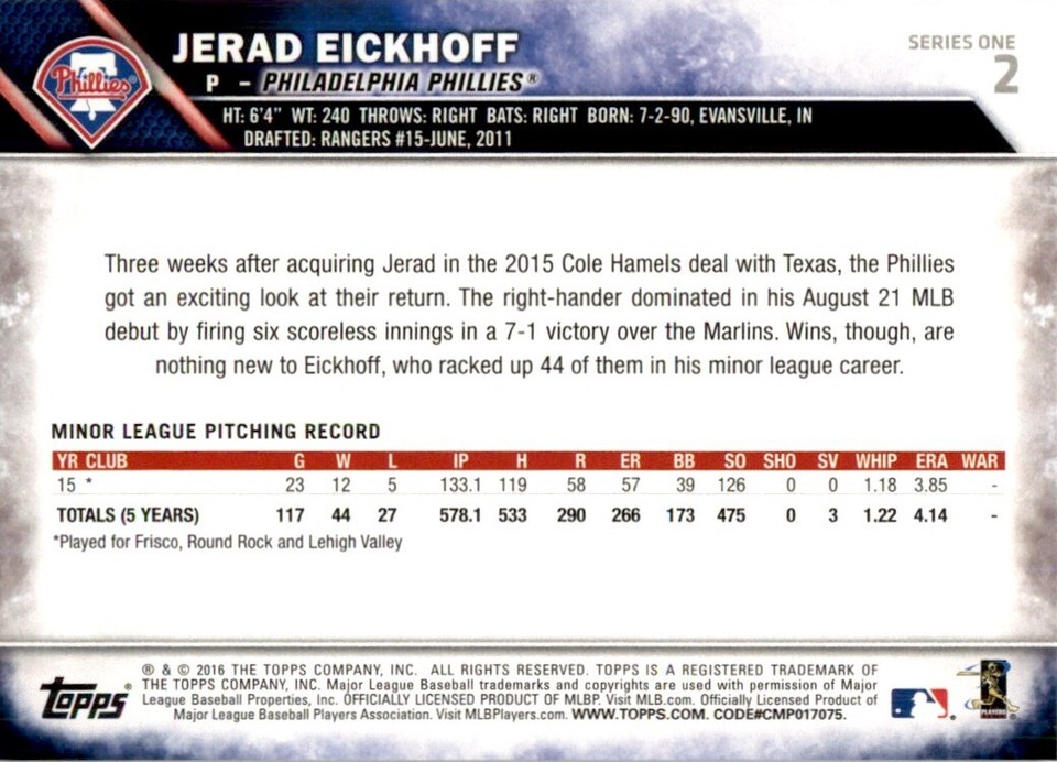 2016 Topps Jerad Eickhoff Rookie Philadelphia Phillies #2 MLB Baseball Card | eBay