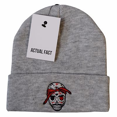 Actual Fact Tupac Day of the Dead Skull 2Pac Roll Up Grey Wooly Beanie ...