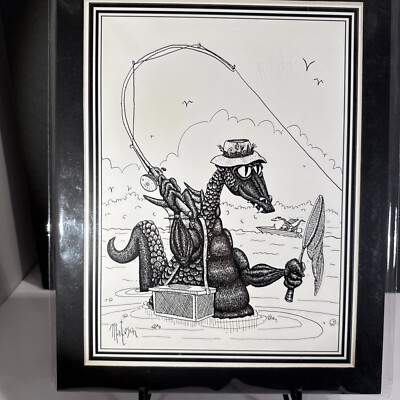 Fishing dragon matted black ink print by artist Matteson 14”x11” | eBay