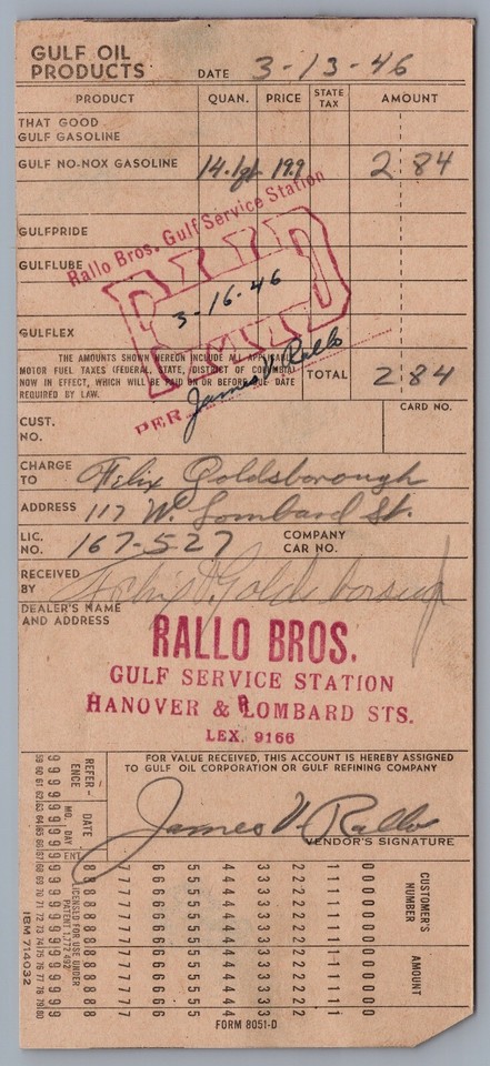 1946 (5) Rallo Bros. Gulf Oil Service Station Baltimore, MD Receipts ...