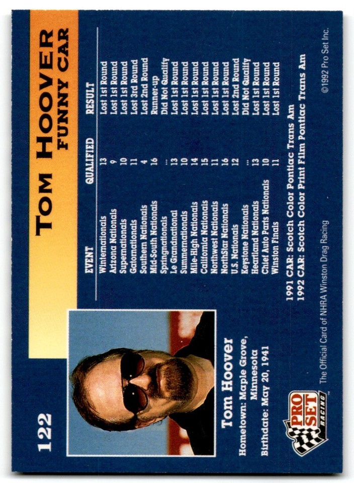 1992 Pro Set NHRA Tom Hoover #122 | eBay