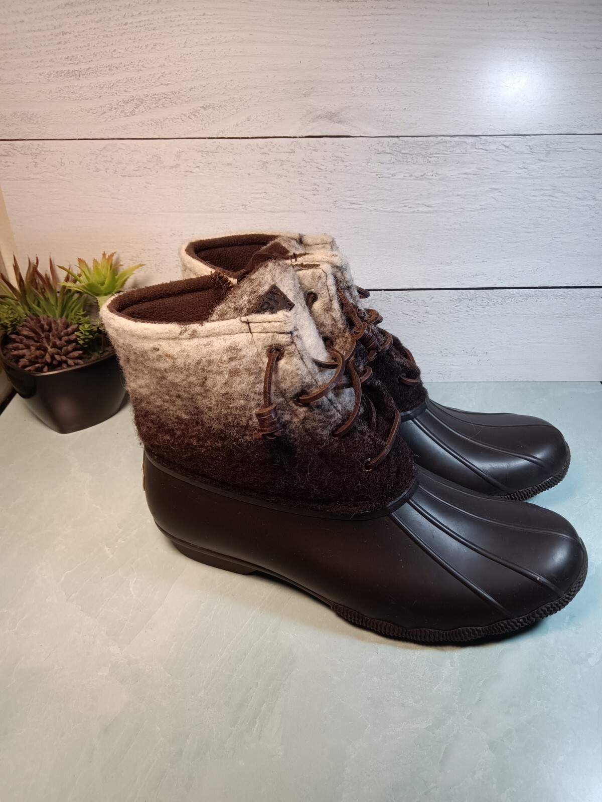 Womens 11M SPERRY Top Sider Ombre Saltwater Rain Zip Rubber Boots BROWN ...