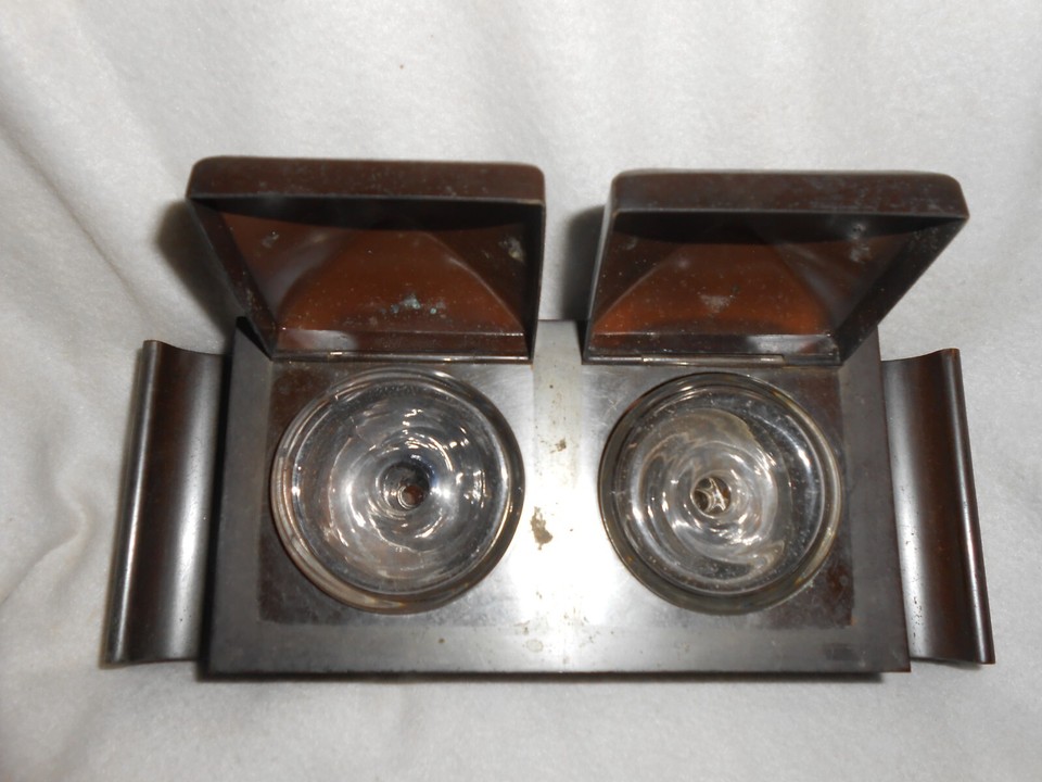 Vintage Antique Double Victorian Brass Inkwell with Glass Inserts | eBay