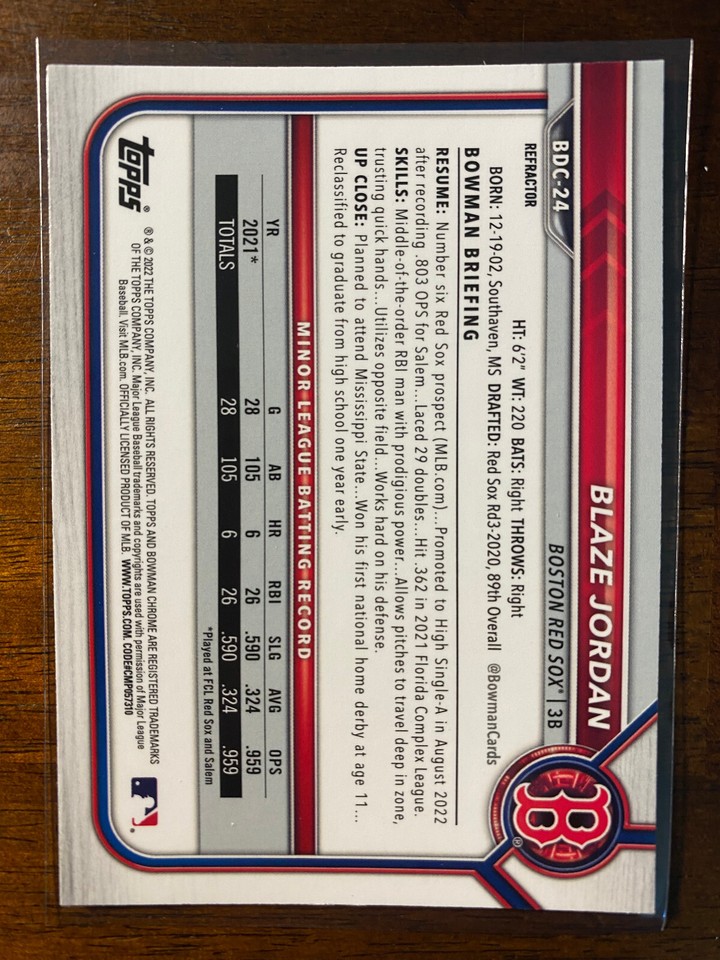 2022 Bowman Draft Blaze Jordan #BDC-24 Prospect Refractor Boston Red ...