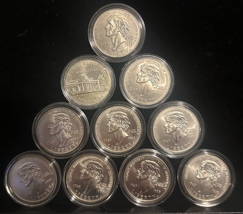 10 Coin 1993-P Thomas Jefferson Silver Dollar LOT OF TEN in capsules ...