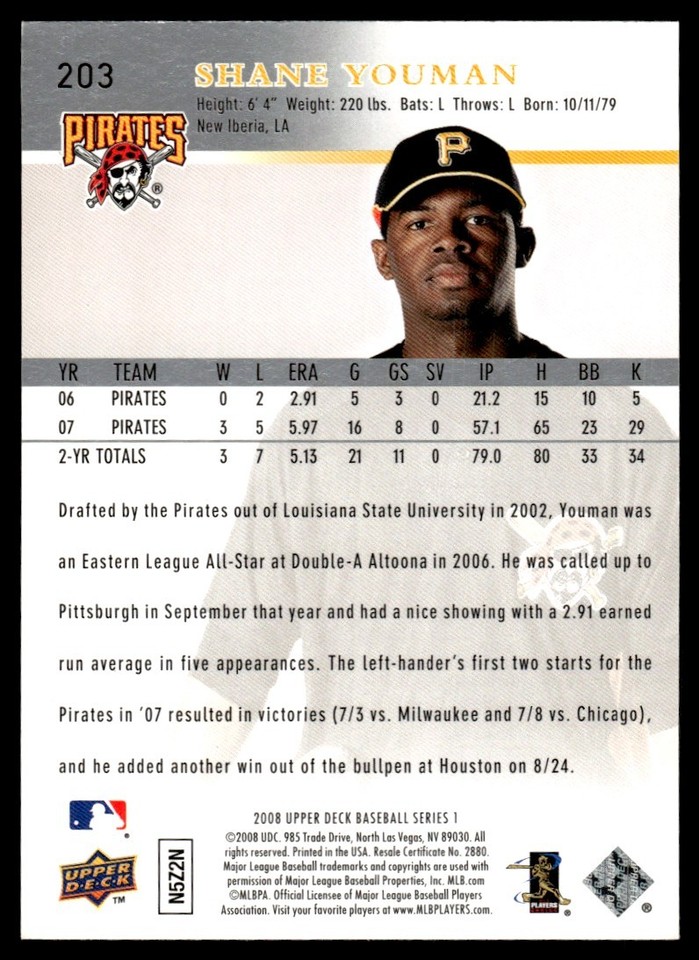 2008 Upper Deck Shane Youman Pittsburgh Pirates #203 | eBay