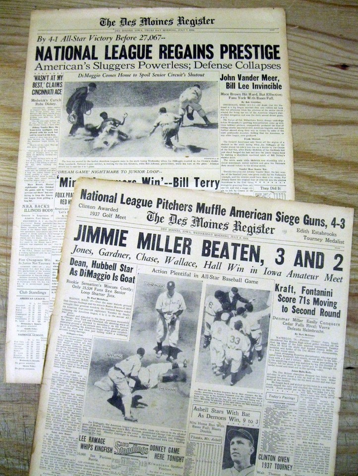 4 1930's newspapers MAJOR LEAGUE BASEBALL ALL STAR GAME Foxx RUTH Ott ...