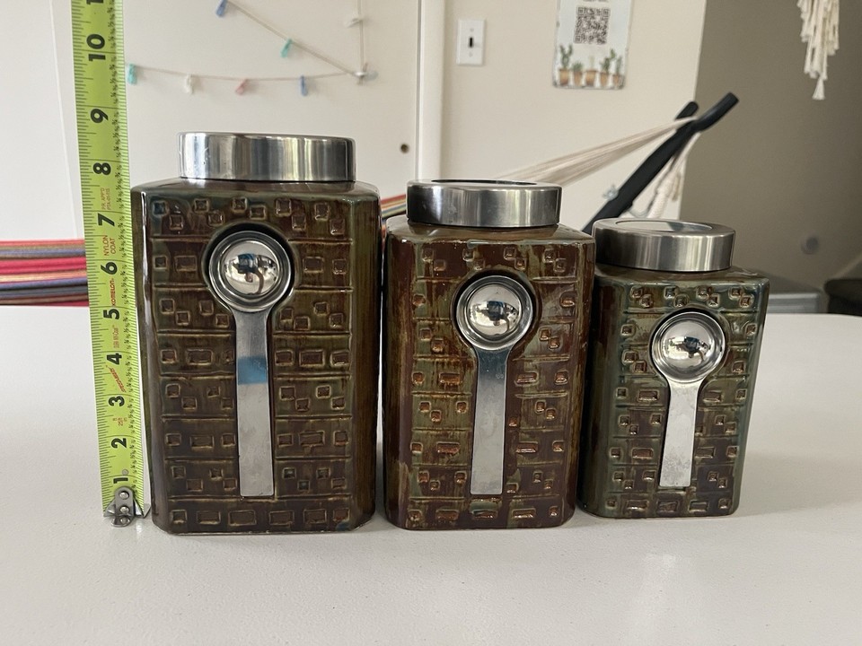 Pier 1 Ceramic Canister Set Of Three With Metal Scoops Tabletops ...