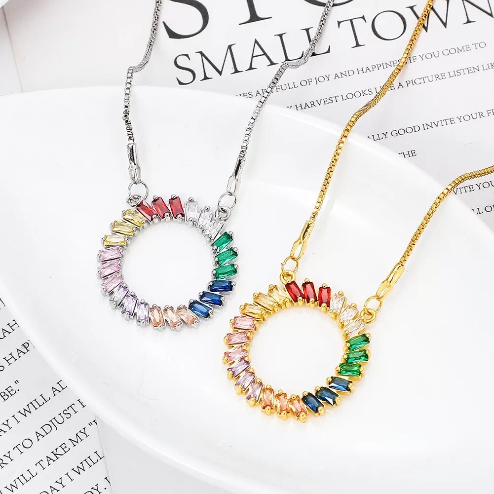 ZARD Multi-Color Baguette Circle CZ Necklace in Sterling Silver Plate ...
