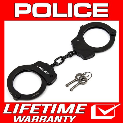 POLICE Black Steel Chain Double Lock Security Handcuffs w/ Keys Heavy ...