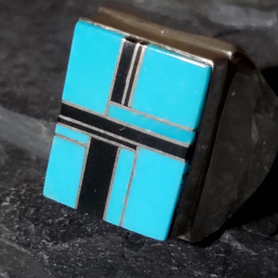 Navajo WILBERT GRAY Turquoise, Jet Inlay Sterling Silver Ring 11.25 | eBay