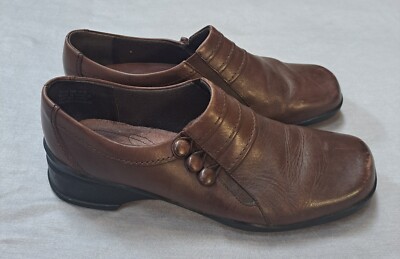 Clarks Womens Shoes 8.5M Brown Casual Leather Slip On Button Wedge ...