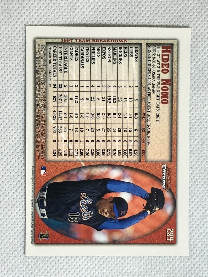 1998 Bowman Chrome Hideo Nomo #289 Baseball Card New York Mets | eBay