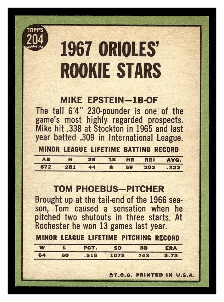 1967 TOPPS ORIOLES ROOKIE STARS #204 MIKE EPSTEIN TOM PHOEBUS HIGH ...