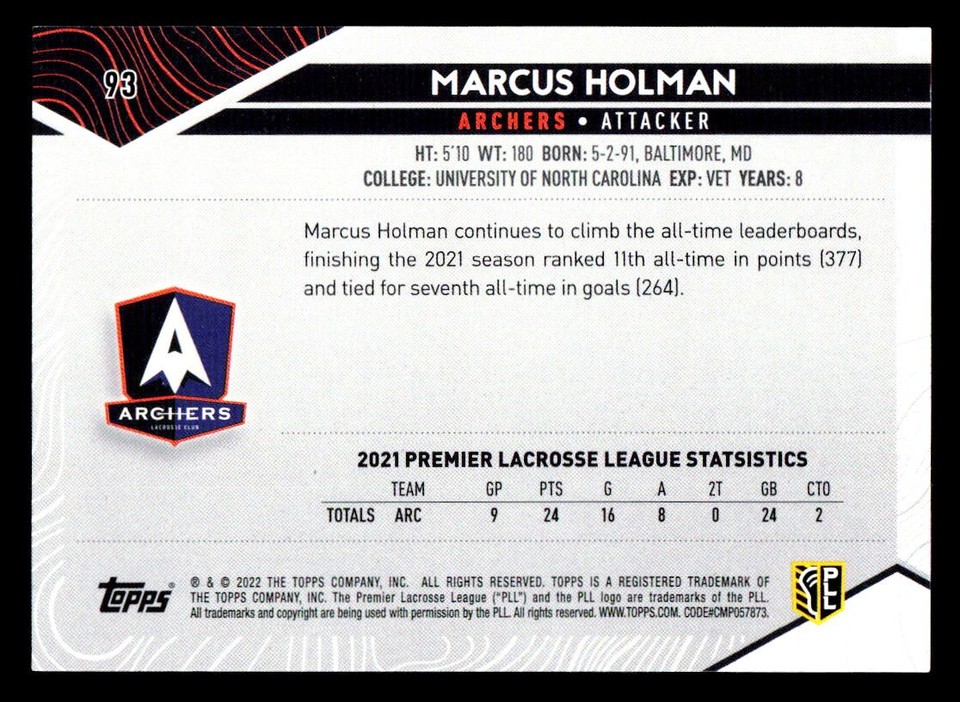 2022 Topps Premier LaCrosse League #93 Marcus Holman LaCrosse Card | eBay