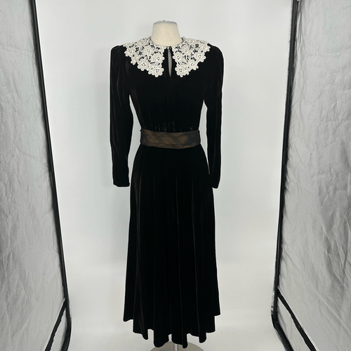 Vintage Velvet Midi Dress S Brown Long Sleeve Crochet Collar Regency ...