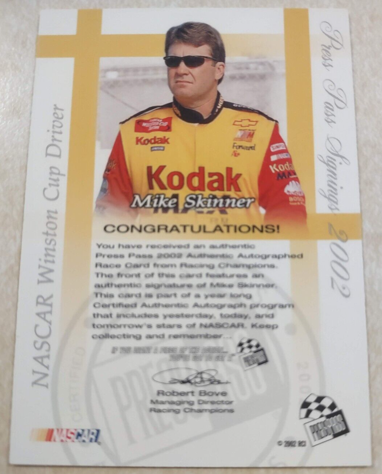 2002 Press Pass NASCAR Signings MIKE SKINNER Certified AUTOGRAPH! FREE ...