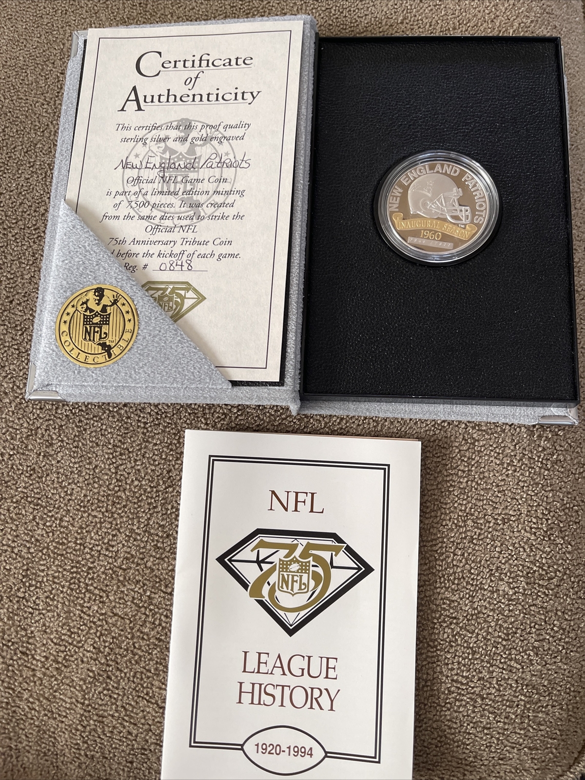New England Patriots OFFICIAL NFL 75TH ANNIVERSARY GAME COIN COA & BOX ...