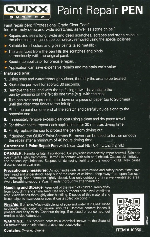 QUIXX System PAINT REPAIR PEN Repairs Seals Deep Scratches Stone Chips ...