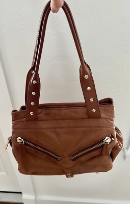 Botkier Trigger Satchel Shoulder Hand Bag Brown Leather Nickel Studs ...