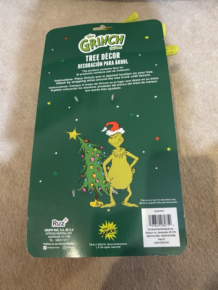 NEW, Grinch Stole Christmas Green Arm Tree Ornament Decoration Prop ...