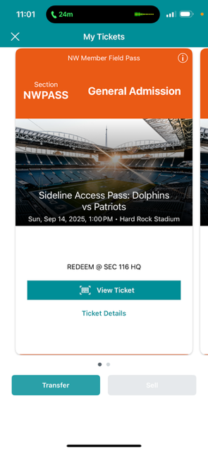 Northwest Sideline Access Passes NW PASS DOLPHINS VS NE PATRIOTS 9/14 ...