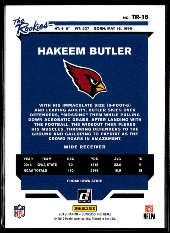 2019 Donruss The Rookies Hakeem Butler Rookie Arizona Cardinals #TR-16 ...