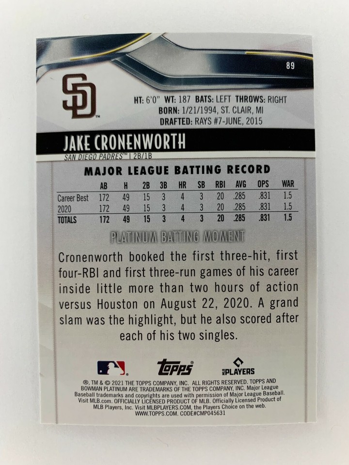 2021 Bowman Platinum Jake Cronenworth #89 Rookie Card San Diego Padres ...