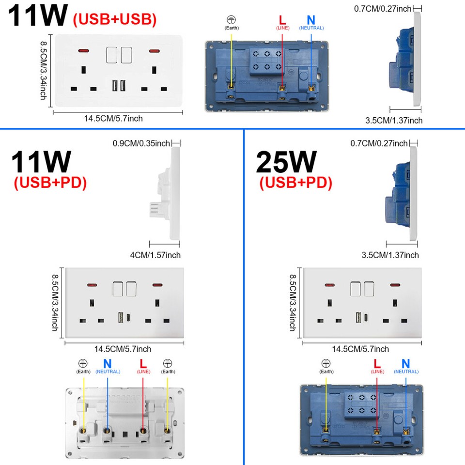 Double Wall Plug Socket 2 Gang 13A with 2 Charger USB Ports Outlets ...