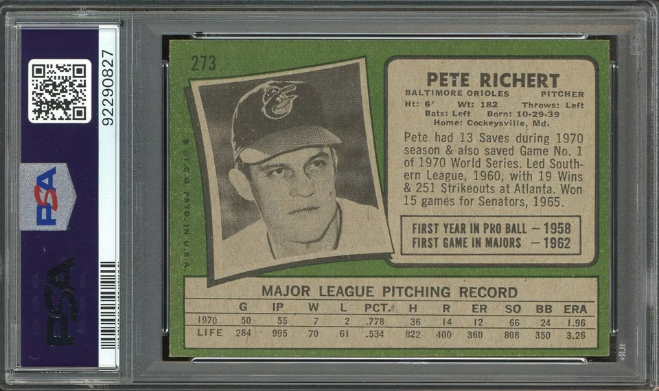 1971 Topps Baseball Cards #273 Pete Richert Baltimore Orioles PSA 9 ...