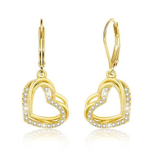 14K Gold Heart Earrings for Women, Cubic Zirconia Dangle Earrings, Gold ...