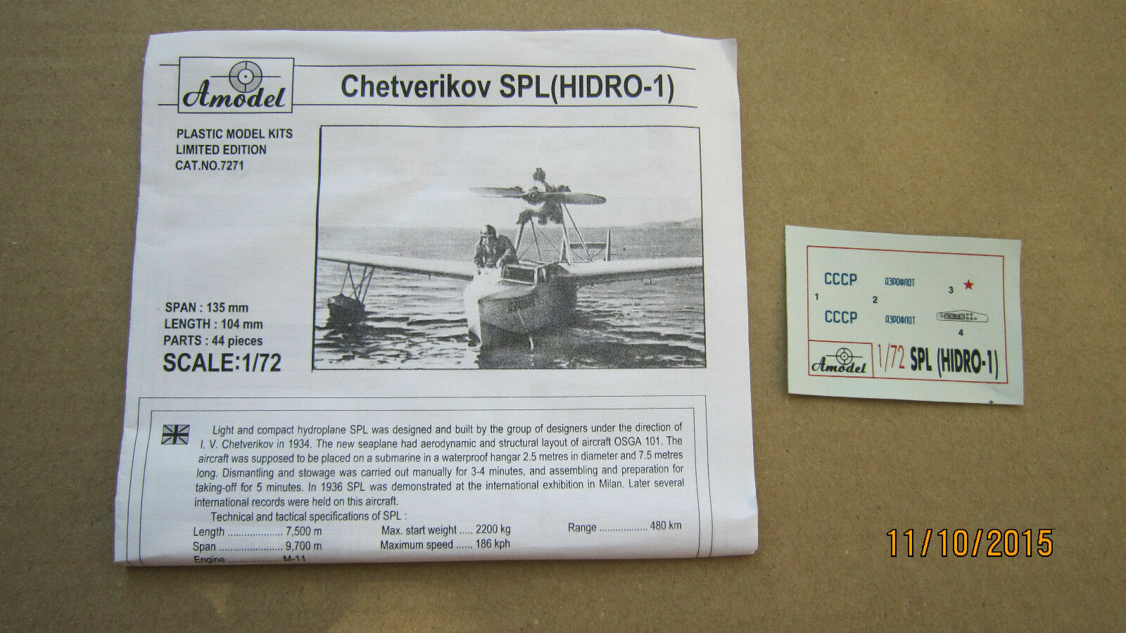 Amodel 7271 - 1/72 - Hydroplane Chetverikov SPL (HIDRO-1), scale ...