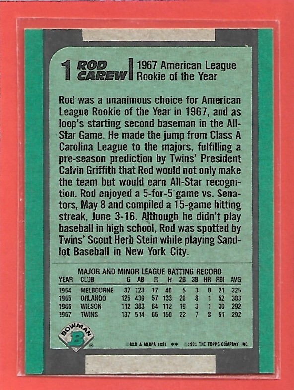 1991 Bowman Rod Carew #1 Minnesota Twins | eBay