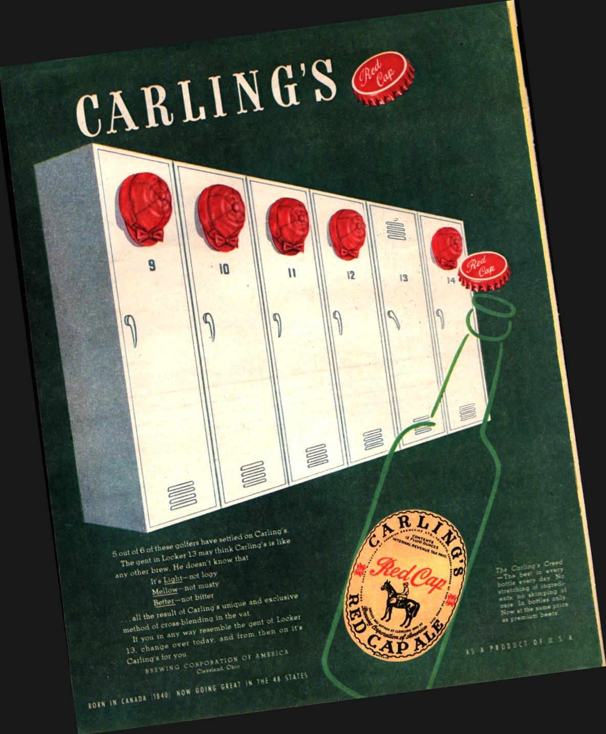 1947 Carling's Red Cap Beer Ale Locker Room Lockers Vintage Print Ad ...