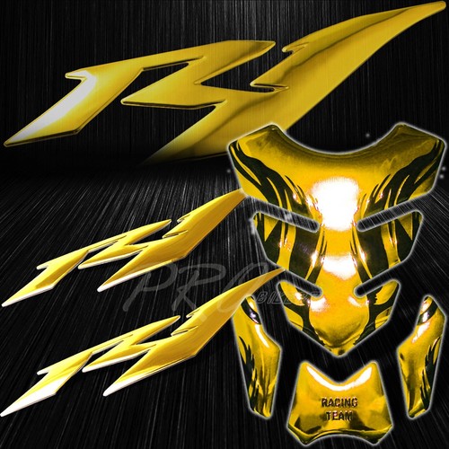 Chrome Gold Tribal Fire Fuel Tank Pad+6" YZF-R1 YZFR1 Logo Fender ...