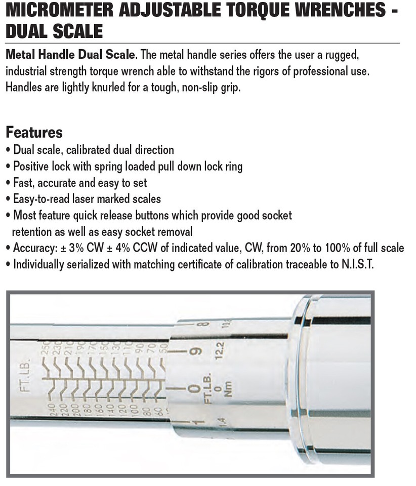 CDI USA Torque Wrench 30-250 Ft.Lbs. 1/2" Drive Metal Handle 2503MFRMH ...