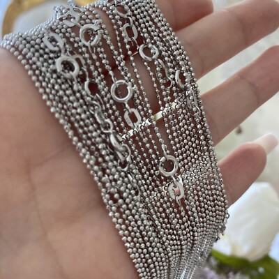 Women Necklace Silver 925 Solid Rhodium-Plated 1 mm Ball Chain Diamond ...